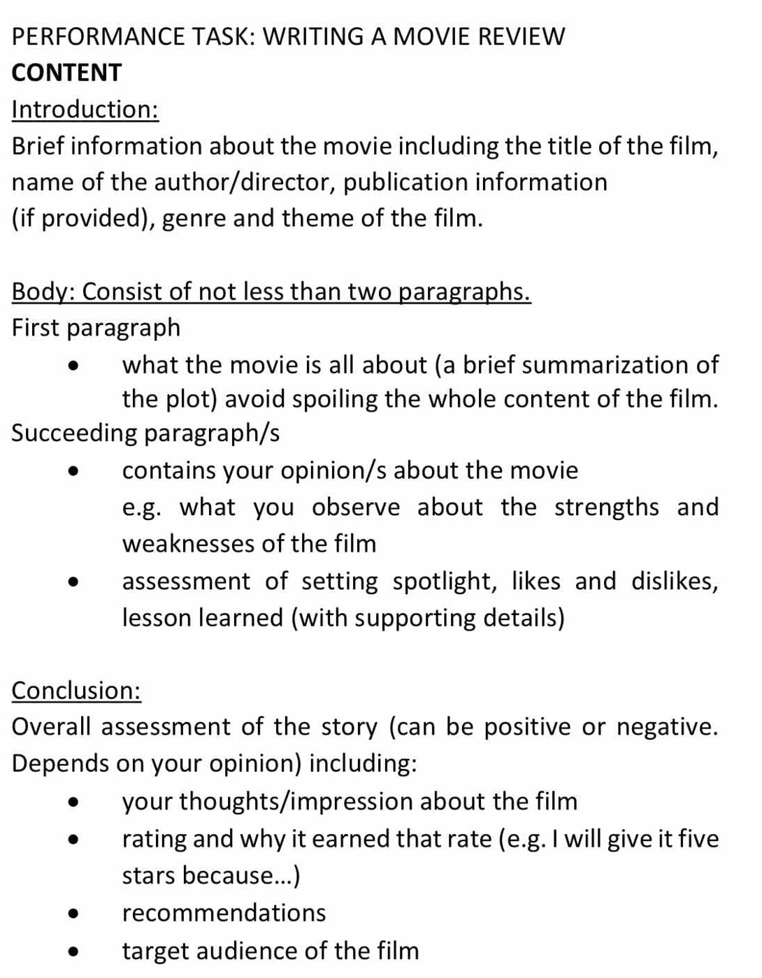PERFORMANCE TASK WRITING A MOVIE REVIEW | StudyX