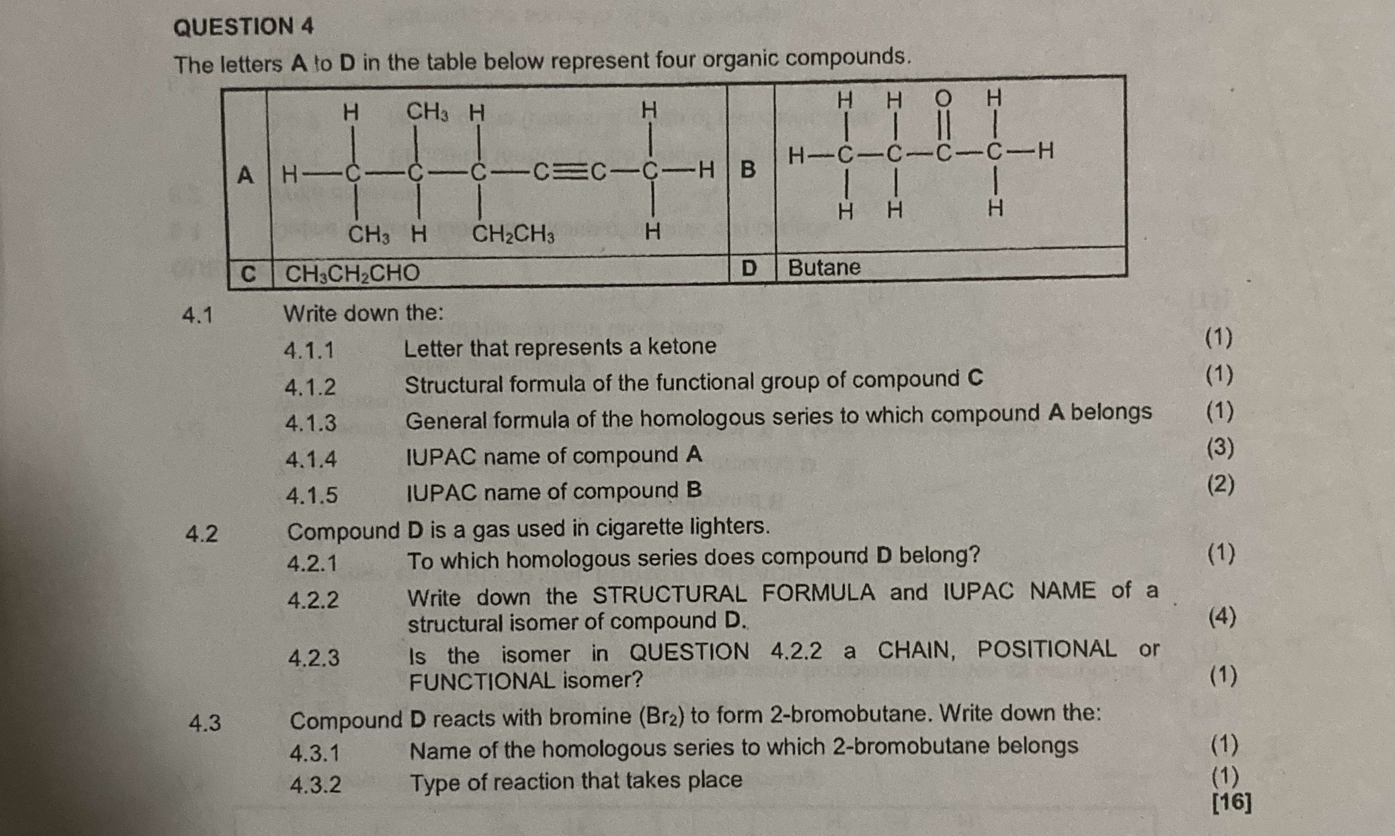 QUESTION 4 The letters A to D in the table | StudyX