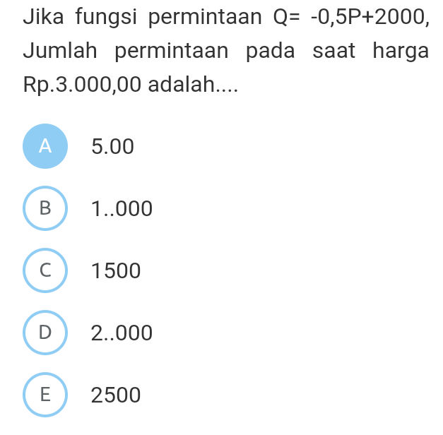 Jika fungsi permintaan Q= -0,5P+2000, Jumlah | StudyX