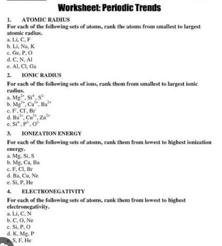 1 ATOMIC RADIUS For each of the following | StudyX