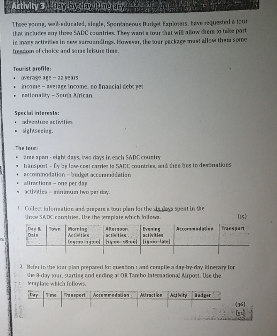 Activity 3 Day-by-day itinerary Three young | StudyX