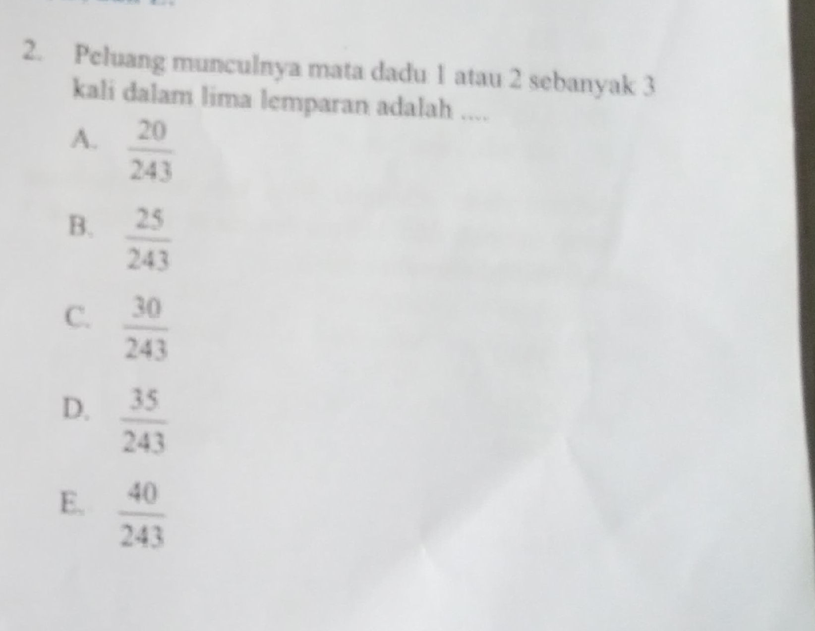 2 Peluang munculnya mata dadu 1 atau 2 | StudyX