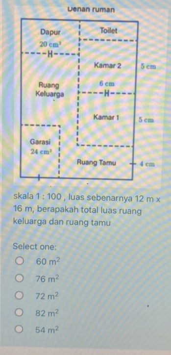 skala 1 : 100, luas sebenarnya 12 m x 16 m, | StudyX
