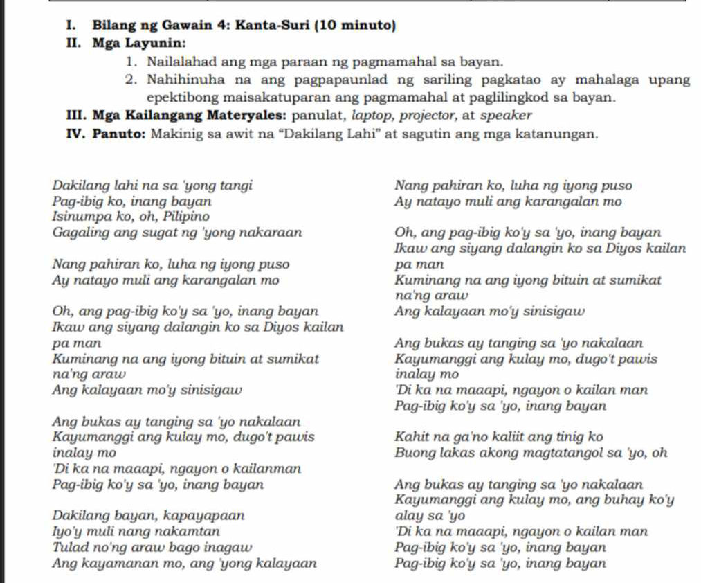 I Bilang ng Gawain 4 Kanta-Suri (10 minuto) | StudyX