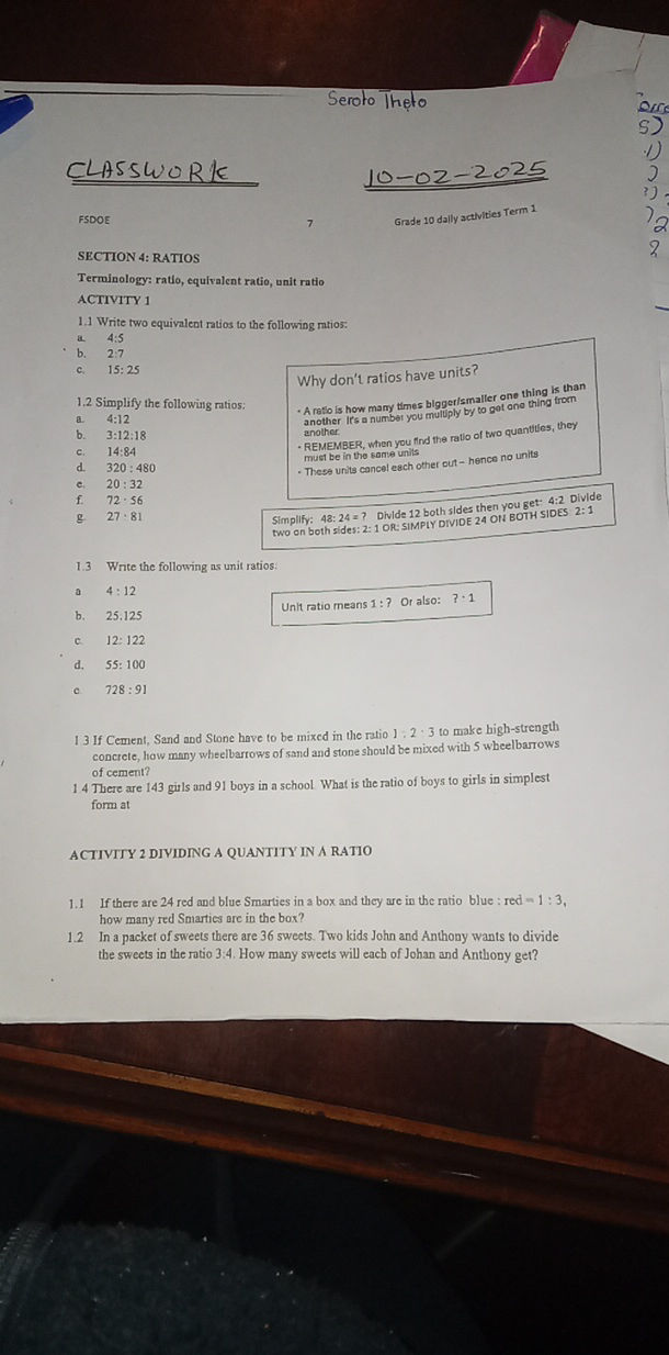 CLASSWORK FSDOE SECTION 4 RATIOS Terminology | StudyX