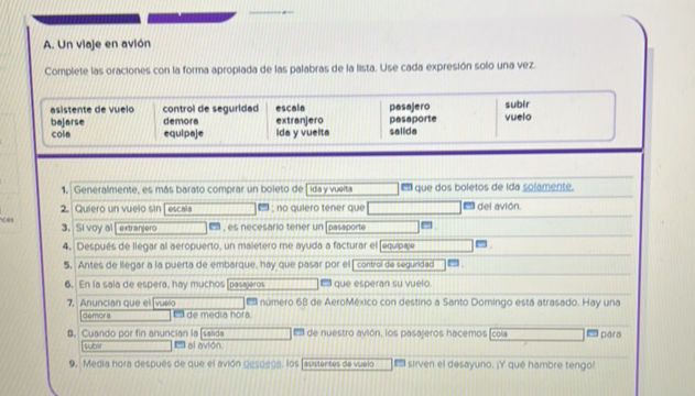 A Un Viaje En Avin Complete Las Oraciones Studyx