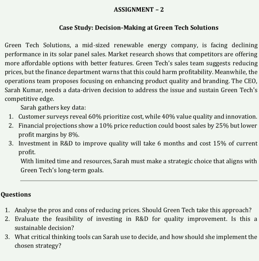 Case Study Decision-Making at Green Tech | StudyX
