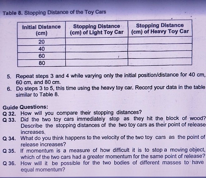 Table 8. Stopping Distance of the Toy Cars | StudyX