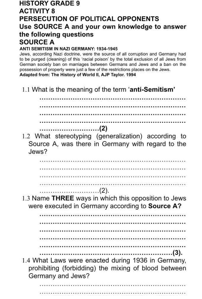 HISTORY GRADE 9 ACTIVITY 8 PERSECUTION OF