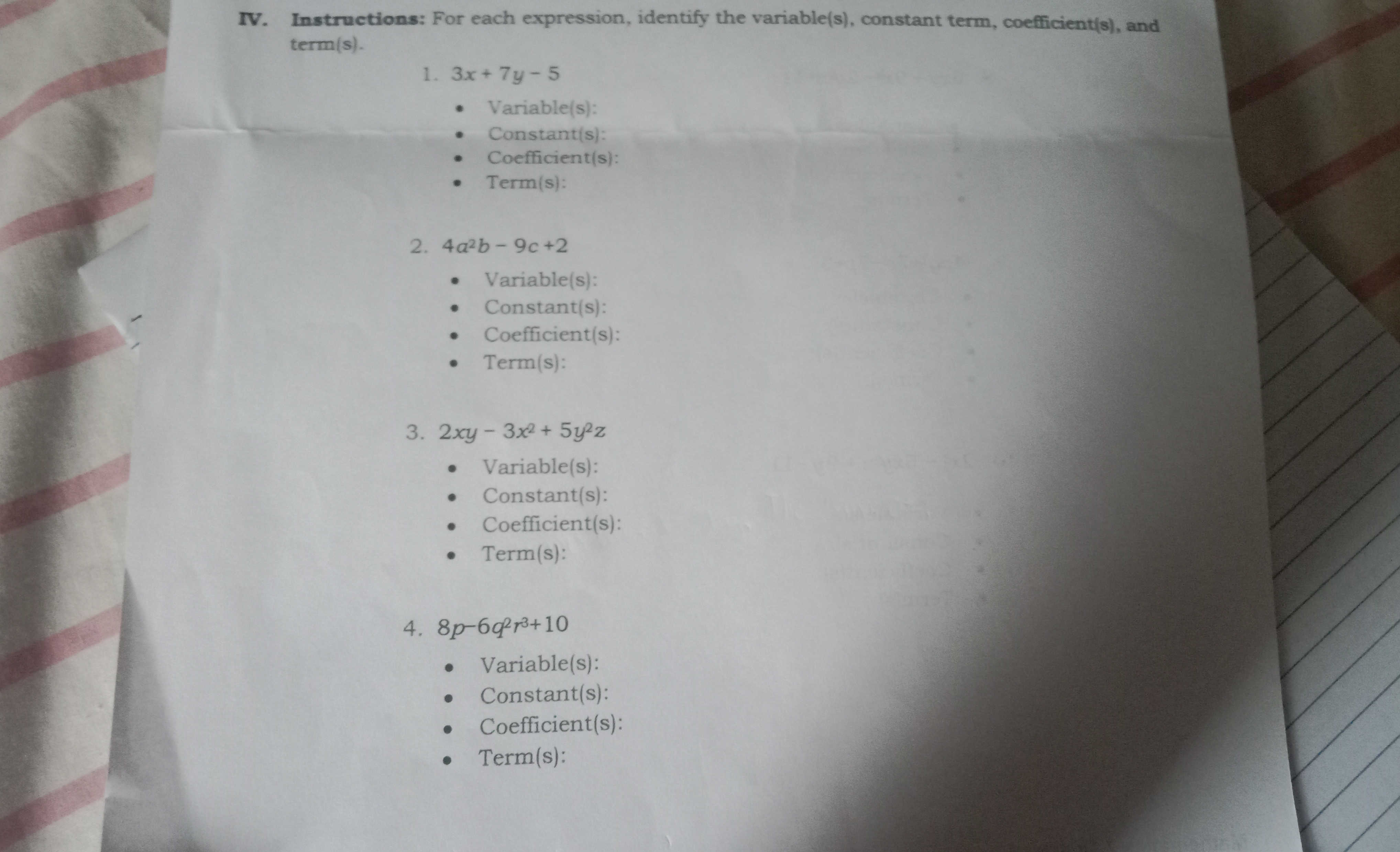 IV Instructions For each expression identify | StudyX