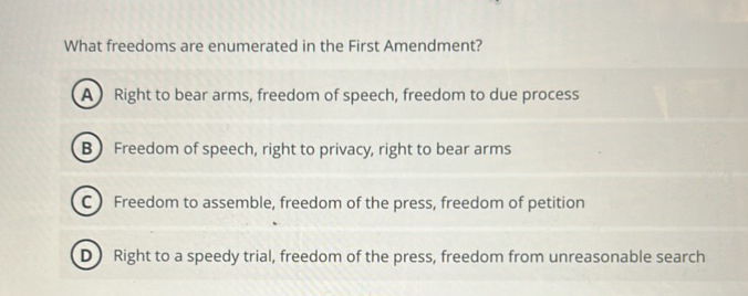 What freedoms are enumerated in the First | StudyX