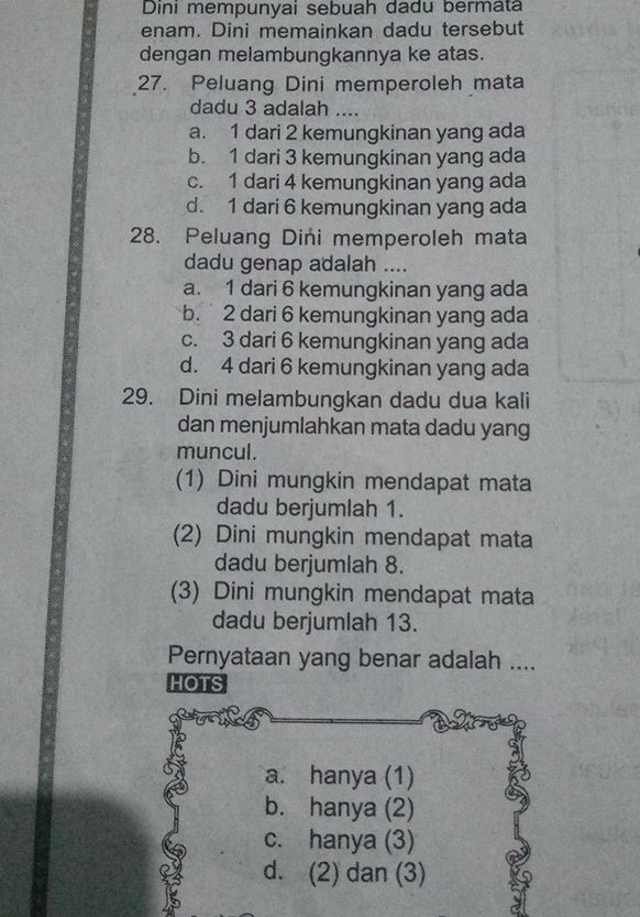 27. Peluang Dini memperoleh mata dadu 3 | StudyX
