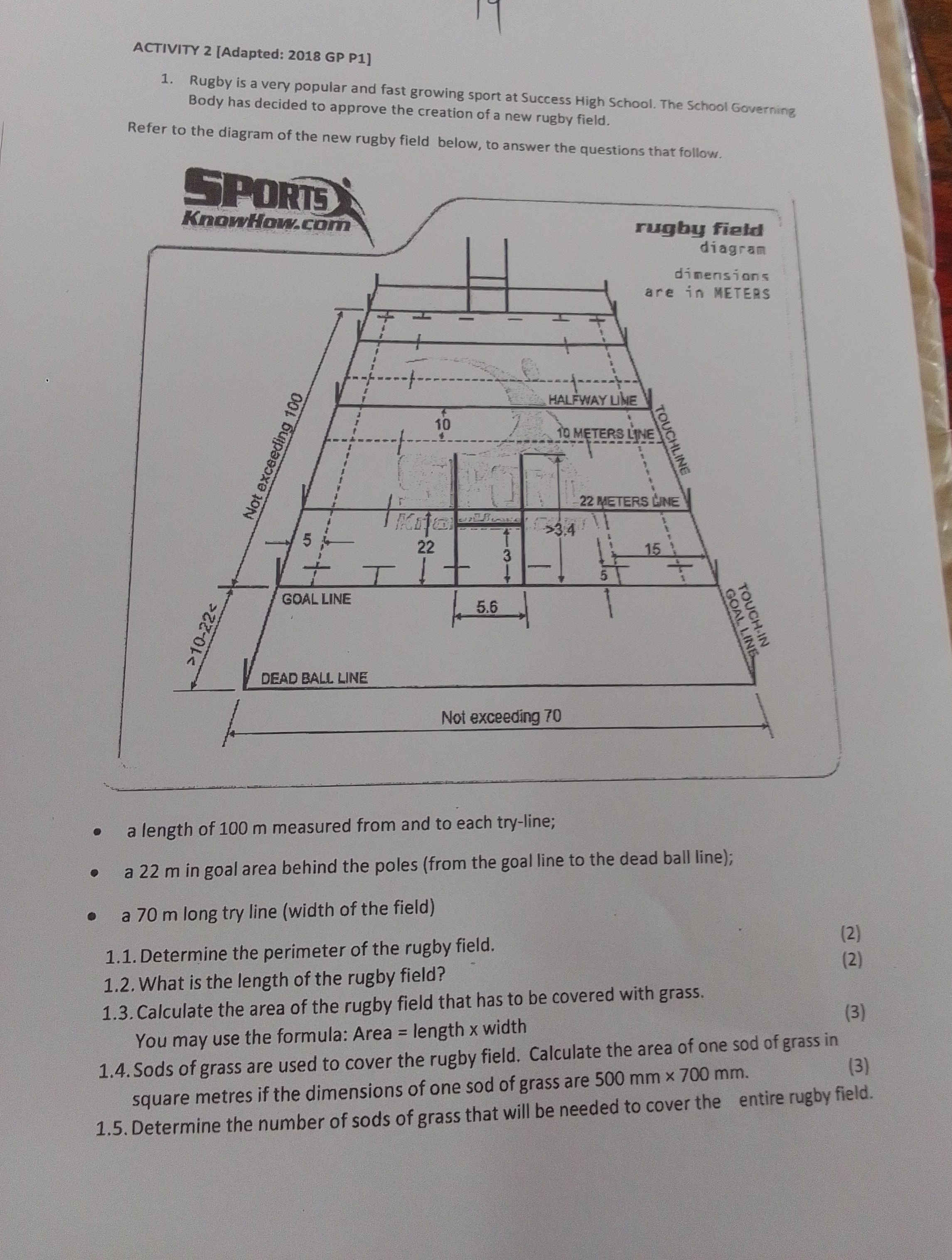 Refer to the diagram of the new rugby field | StudyX