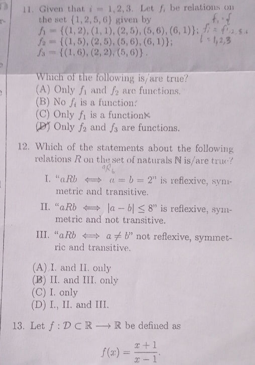 11 Given that I = 1 2 3 Let fi be relations | StudyX