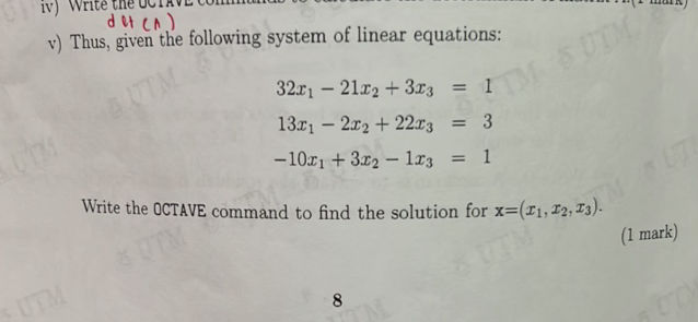 v) Thus given the following system of linear