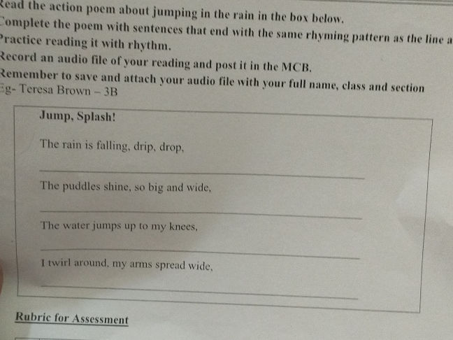 Read the action poem about jumping in the | StudyX
