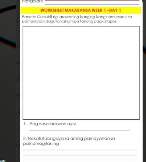 Pangalan WORKSHEET MAKABANSA WEEK 1-DAY 1 | StudyX