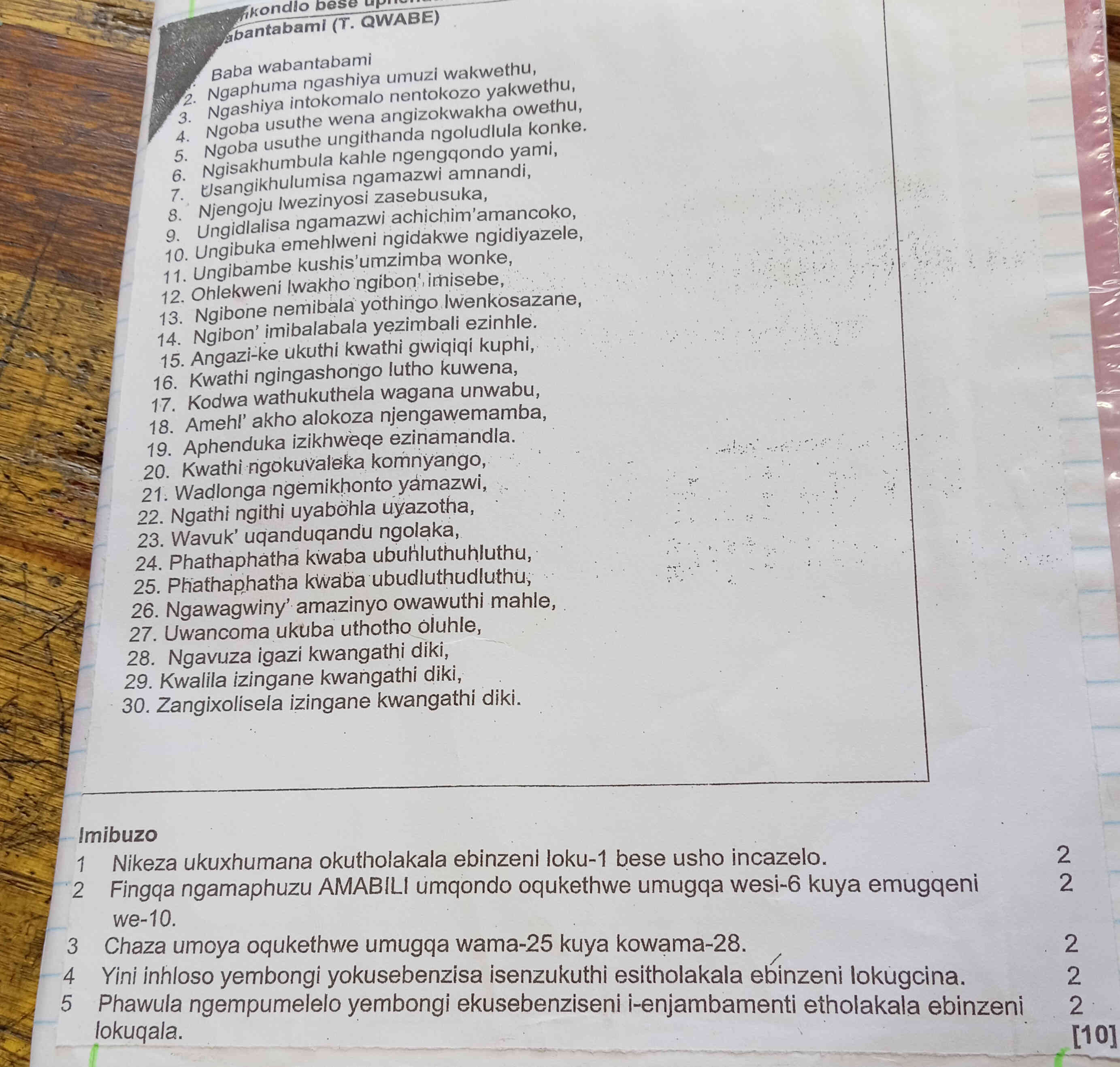 Imibuzo 1 Nikeza ukuxhumana okutholakala