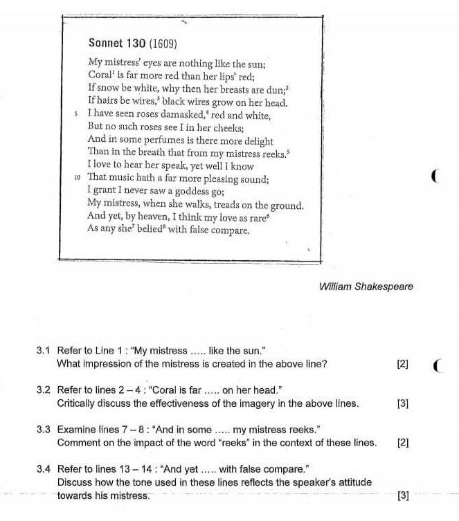 Sonnet 130 (1609) My mistress eyes are | StudyX