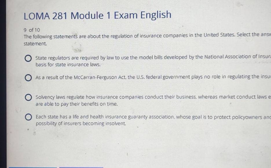 LOMA 281 Module 1 Exam English 9 of 10 The | StudyX