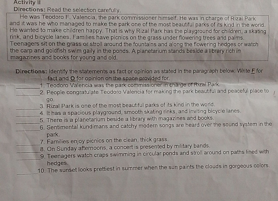 Activity II Directions Read the selection | StudyX