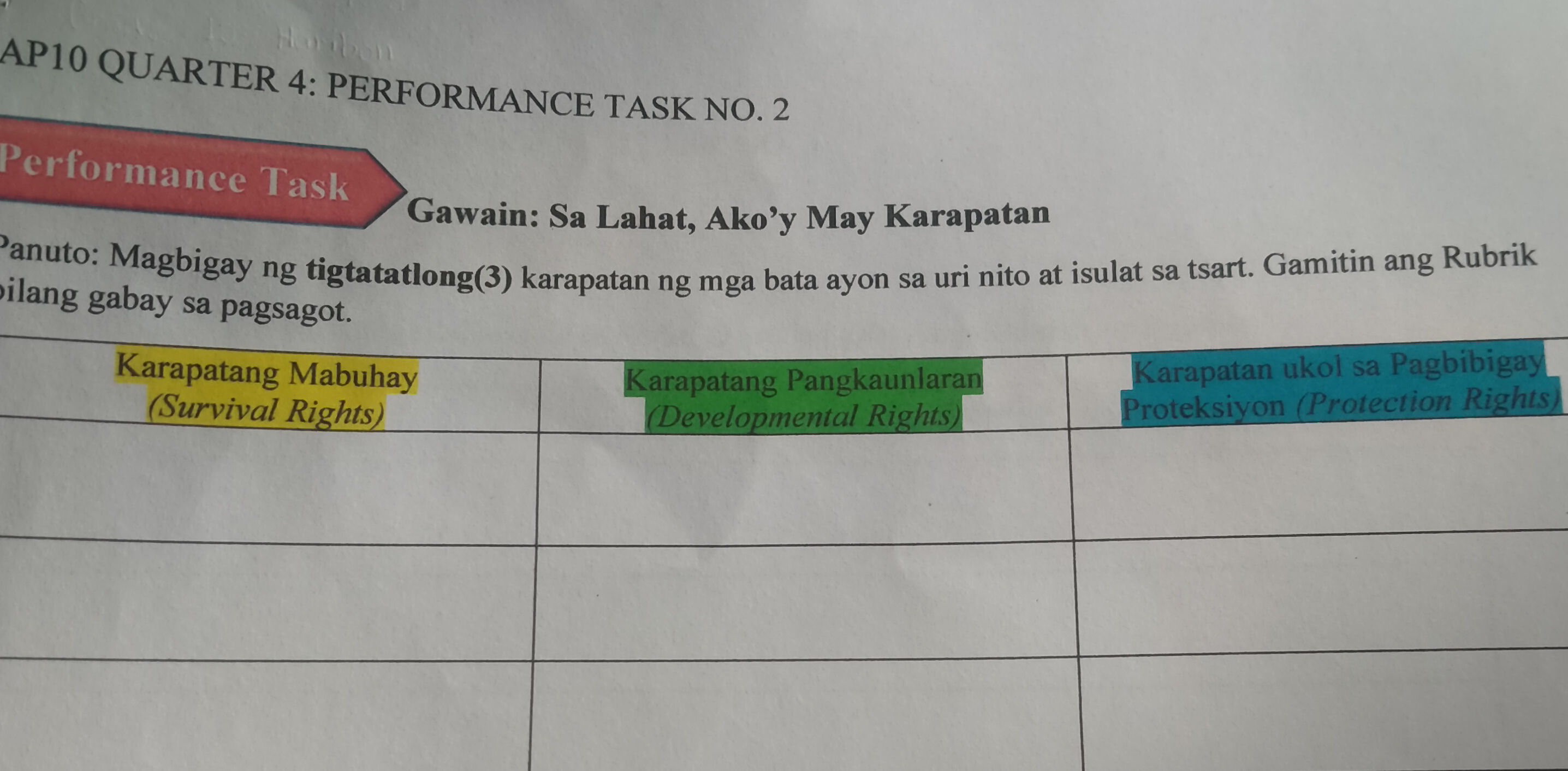 Panuto Magbigay ng tigtatatlong(3) karapatan | StudyX