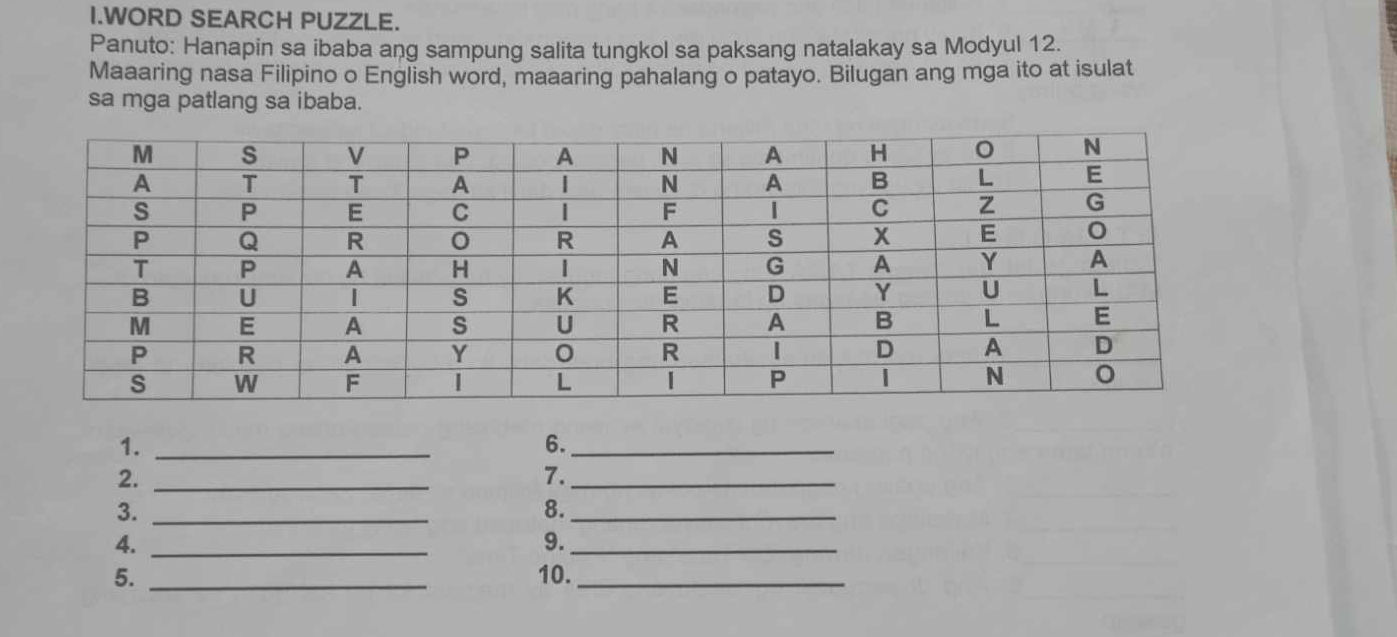 IWORD SEARCH PUZZLE Panuto Hanapin sa ibaba | StudyX