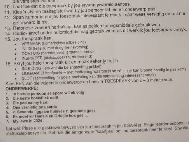Kies EEN van die volgende onderwerpe en | StudyX