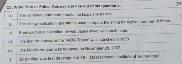Q3 Write True or False Answer any five out | StudyX