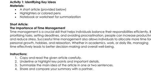Activity 1 Identifying Key Ideas Materials | StudyX