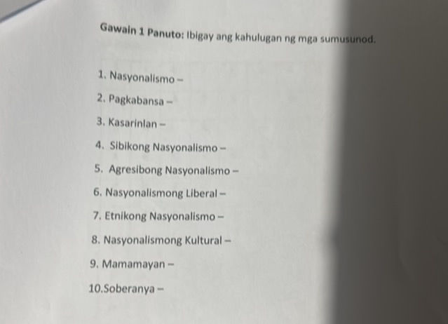 Gawain 1 Panuto Ibigay ang kahulugan ng mga | StudyX