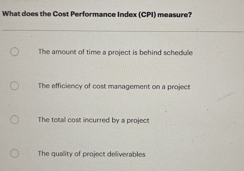 What does the Cost Performance Index (CPI) | StudyX