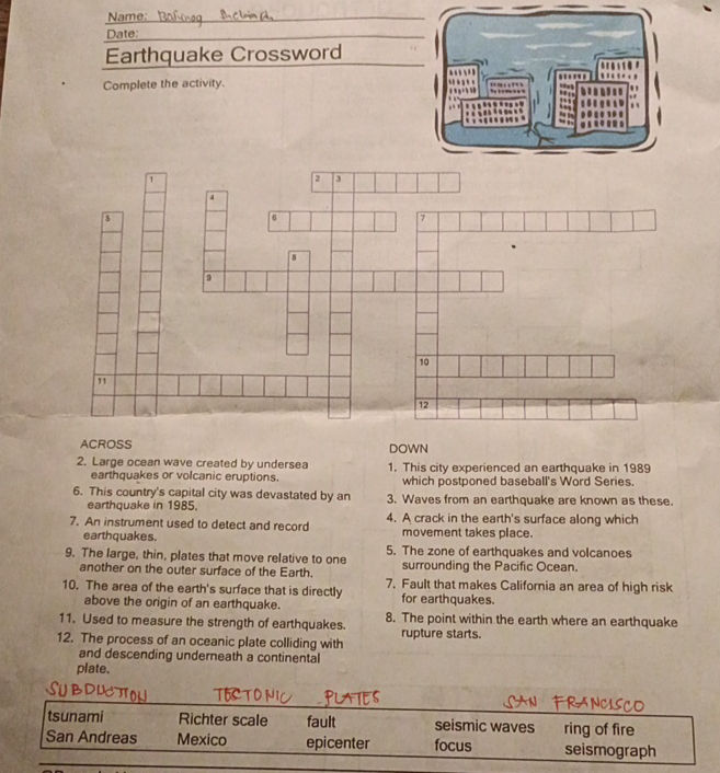 Earthquake Crossword Complete the activity. | StudyX