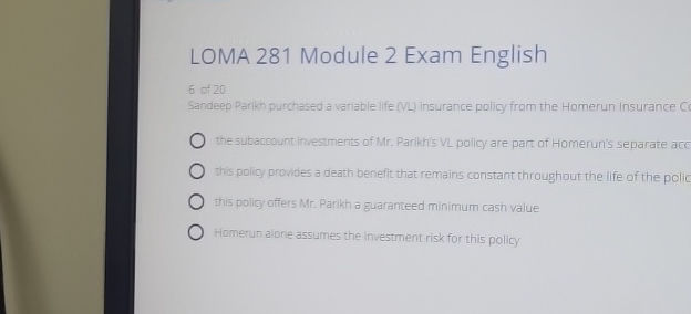 LOMA 281 Module 2 Exam English 6 of 20 | StudyX