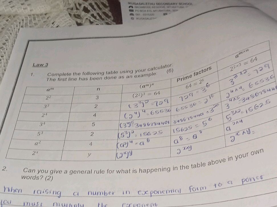 Law 3 1. Complete the following table using
