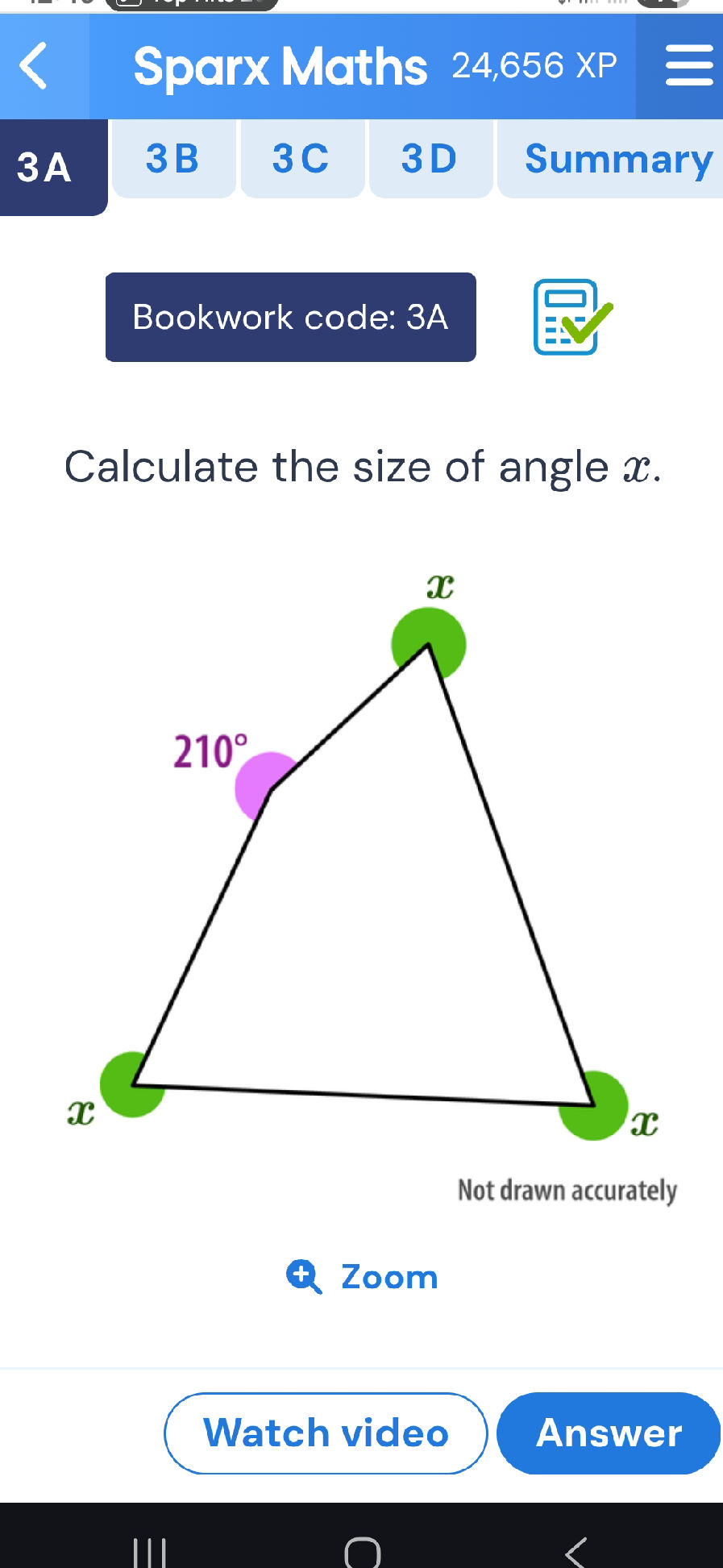 Calculate the size of angle x. [Image of a