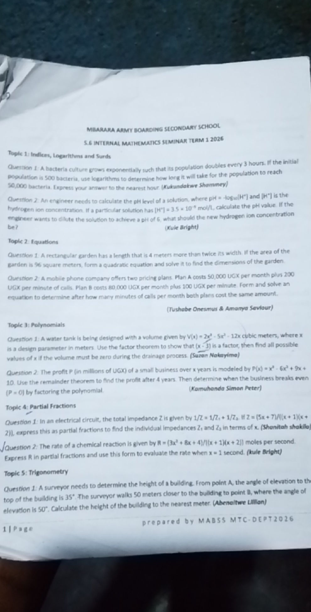 Topic 4: Partial Fractions Question 1: In an