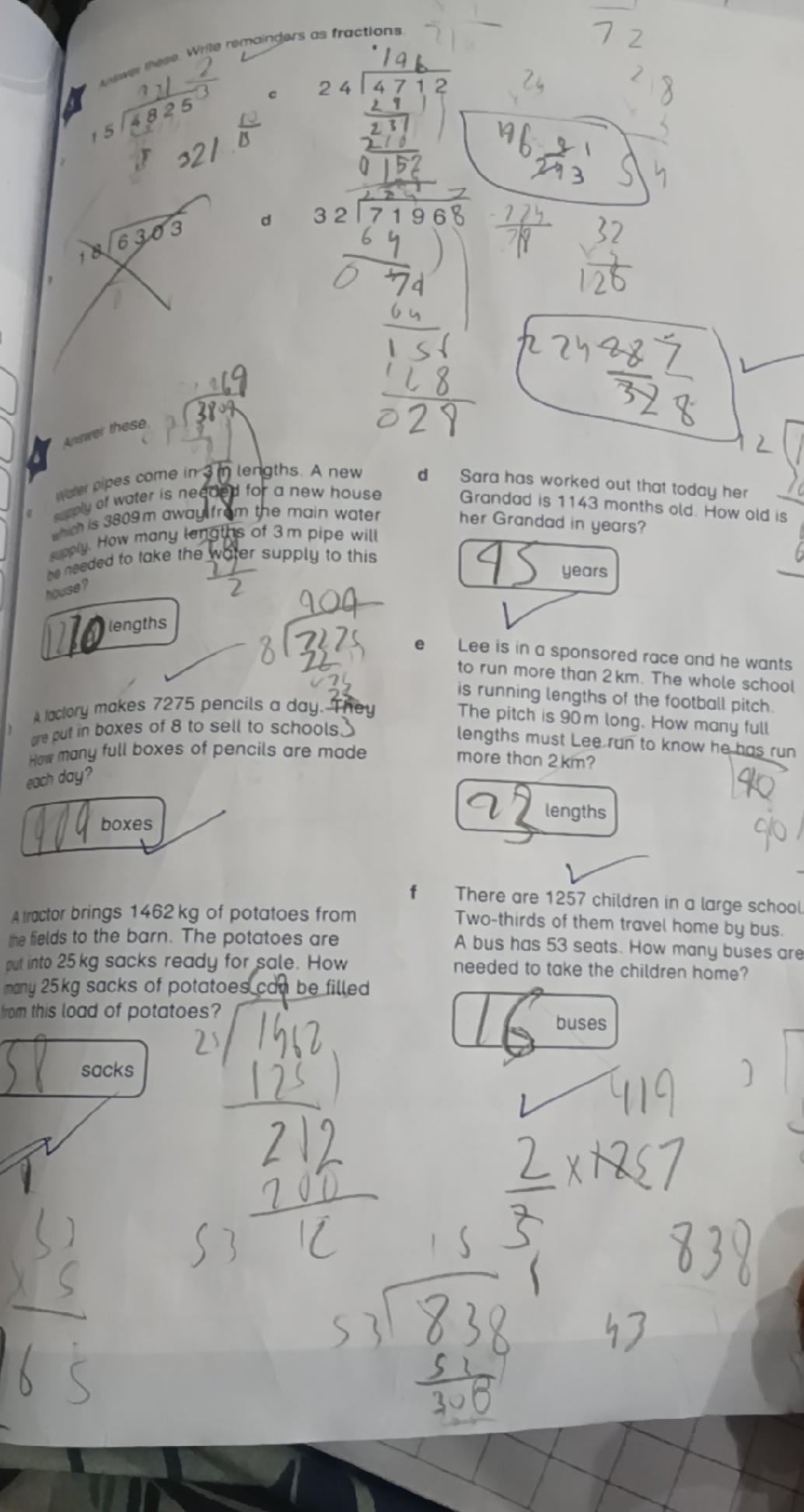 Answer these. Write remainders as fractions.