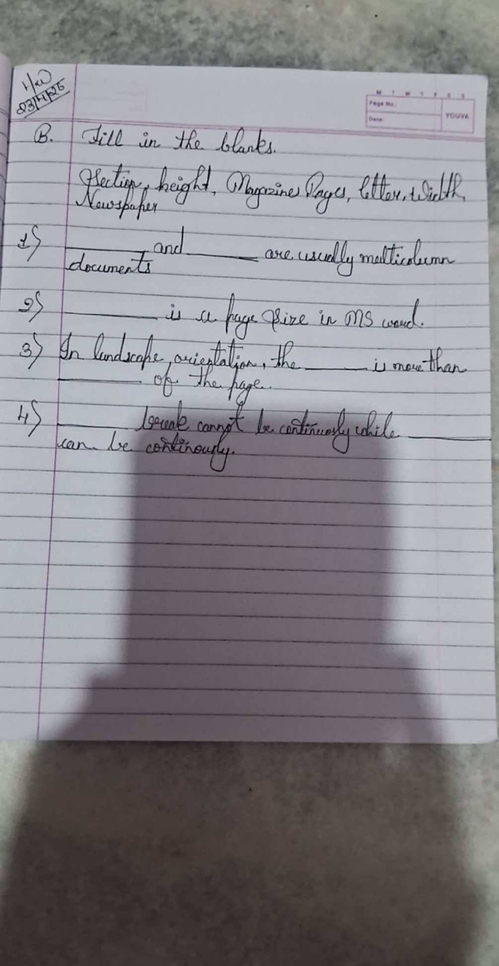 B. Fill in the blanks. Section, height,