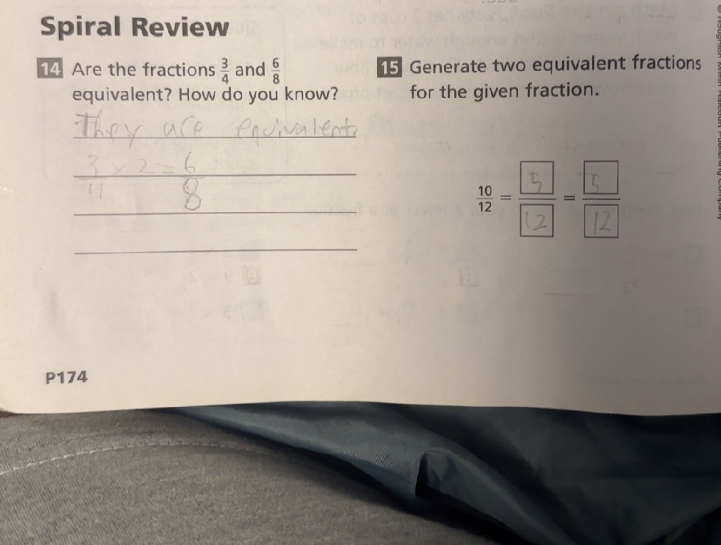 Generate two equivalent fractions for the