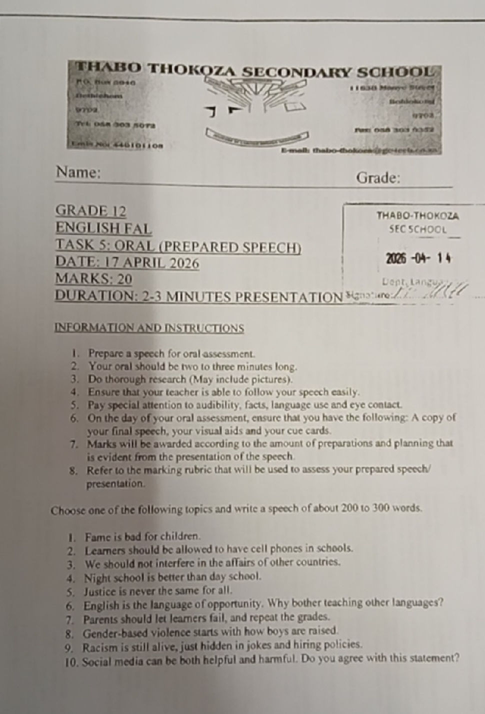 GRADE 12 ENGLISH FAL TASK 5: ORAL (PREPARED