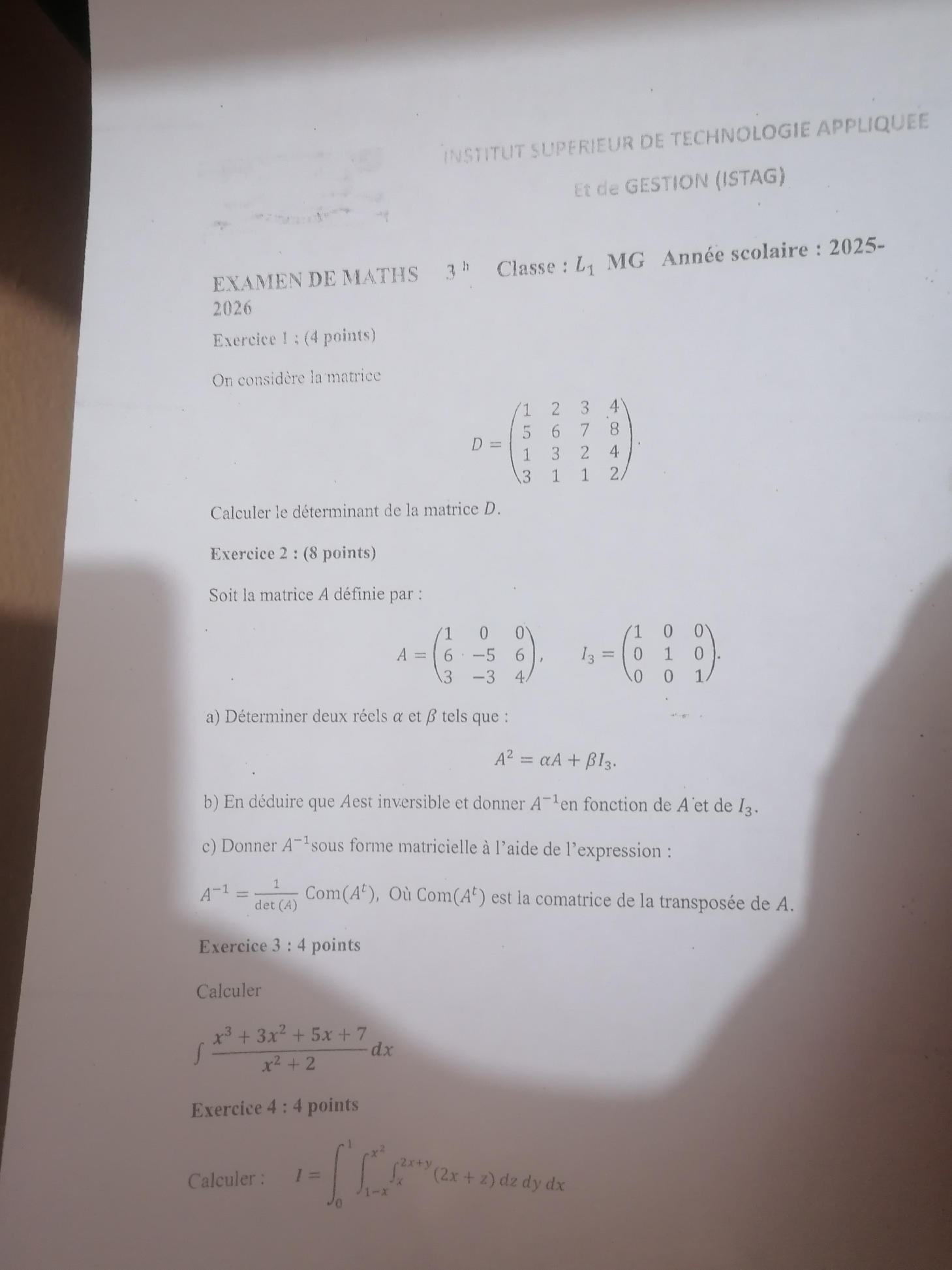 EXAMEN DE MATHS 3 h 2026 Exercice 1; (4