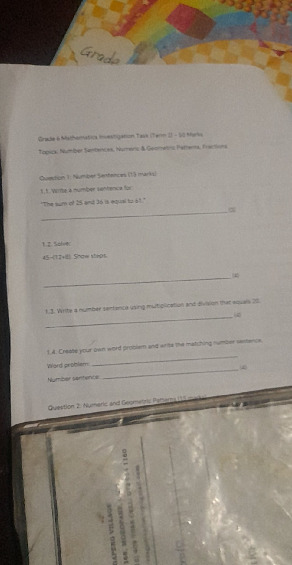 Grade 6 Mathematics Investigation Task Term