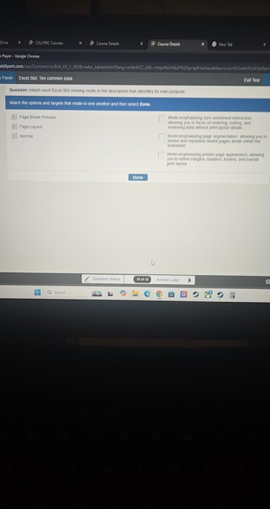 Question: Match each Excel 365 viewing mode