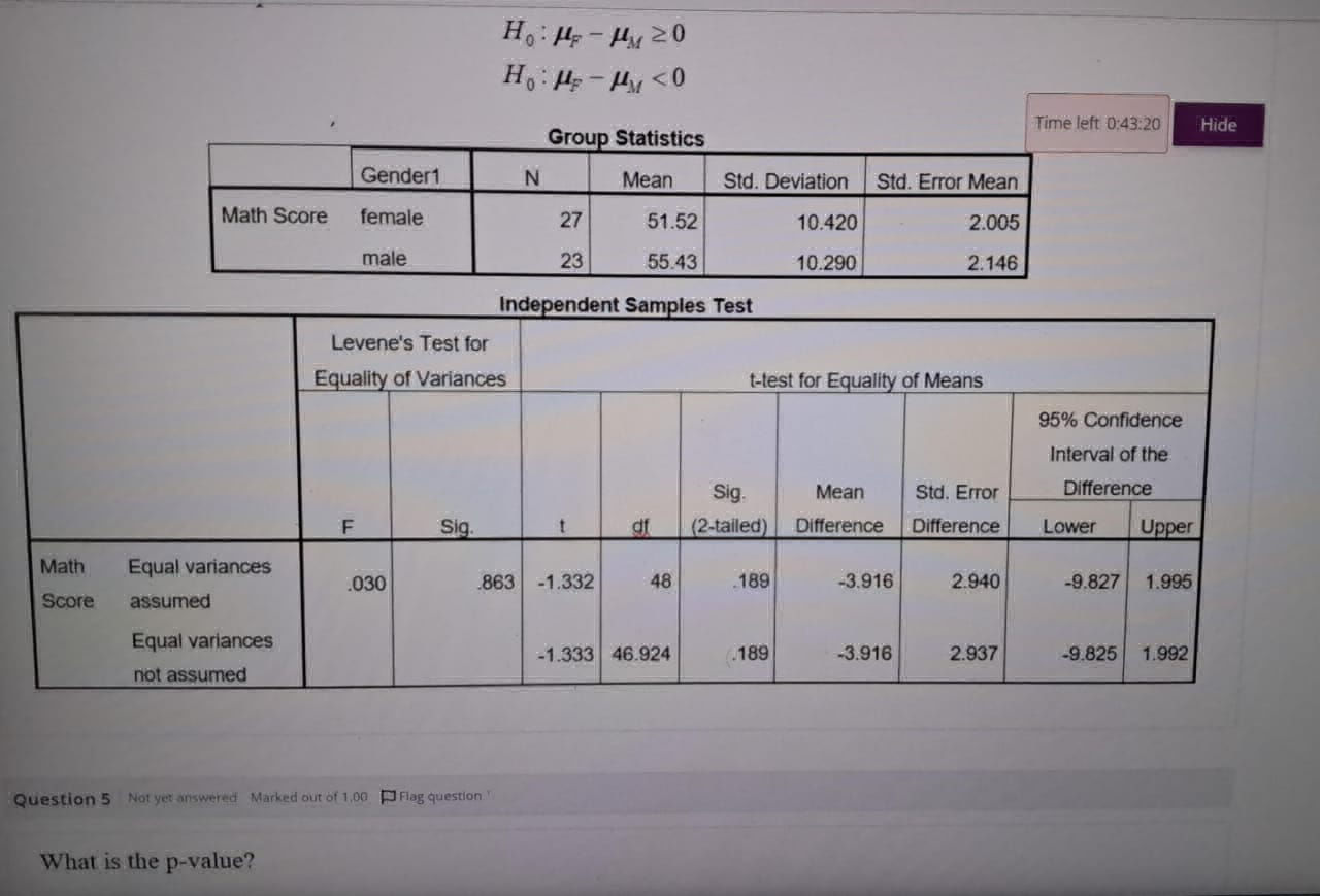 Hypotheses: $H_0: μ_F - μ_M 0$ $H_0: μ_F - | StudyX