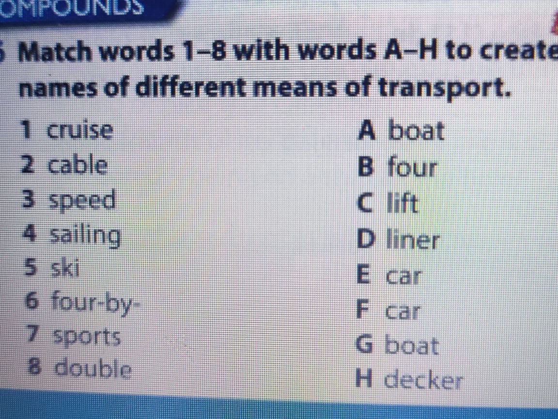 Match words 1–8 with words A–H to create | StudyX