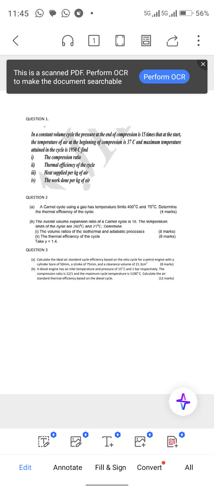 QUESTION 1. In a constant volume cycle the | StudyX