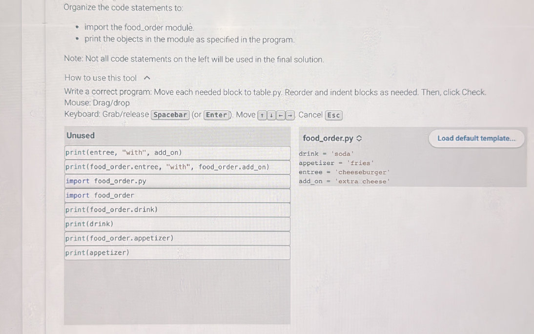 Organize the code statements to: import the