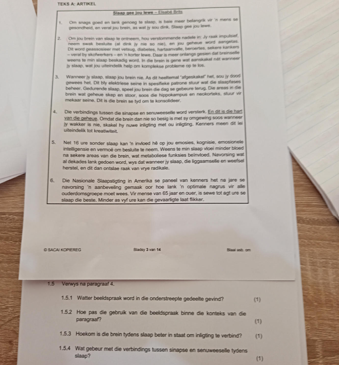 TEKS A: ARTIKEL Slaap gee jou lewe - Elsabé | StudyX