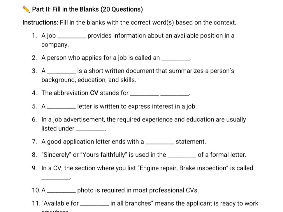 Part II: Fill in the Blanks (20 Questions) | StudyX